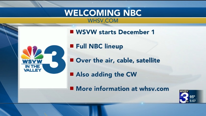 WHSV announces launch of NBC and CW Plus affiliations 'NBC 3 in the Valley'