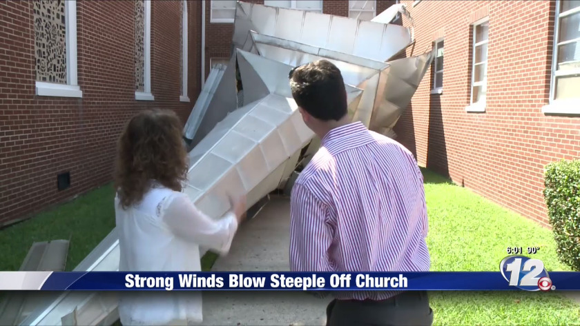Surveillance video captures moment of church steeple falling